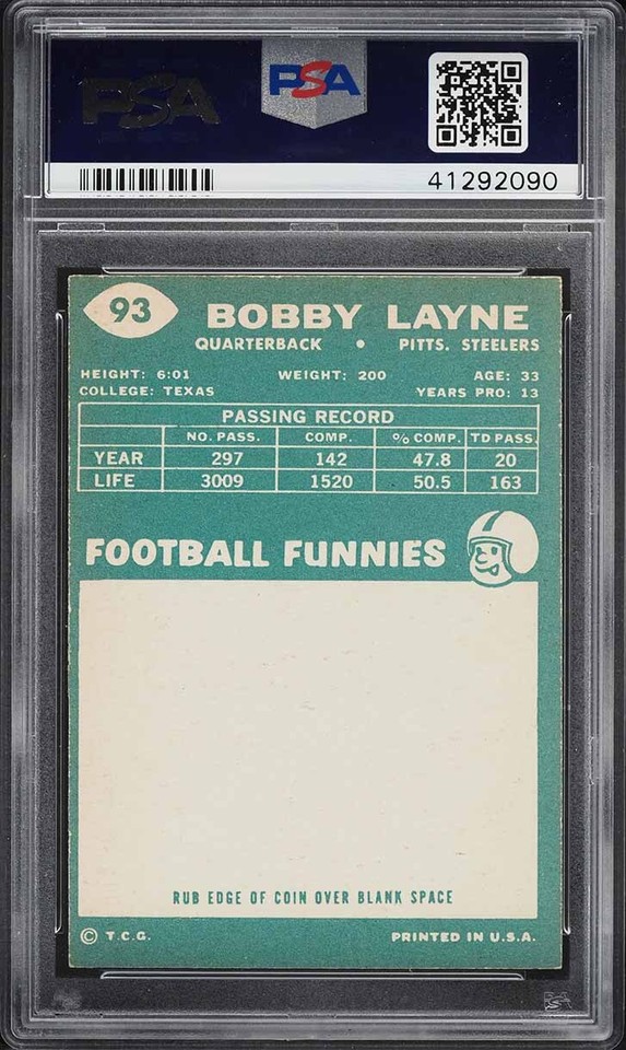 1960 Topps FB Card # 93 Bobby Layne Pittsburgh Steelers HOF PSA 7 NRMT ...