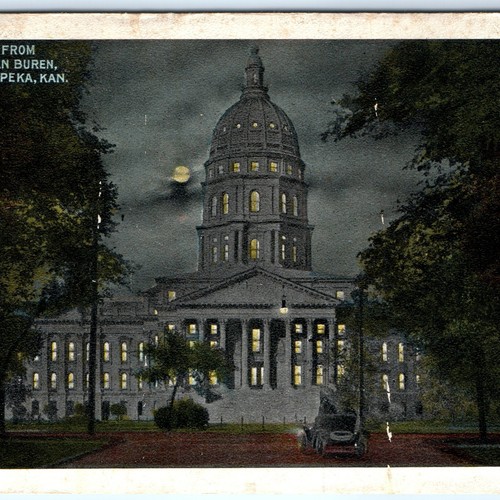 c1910s Topeka, KS Night State House Capitol Dome Zercher Postcard Car ...