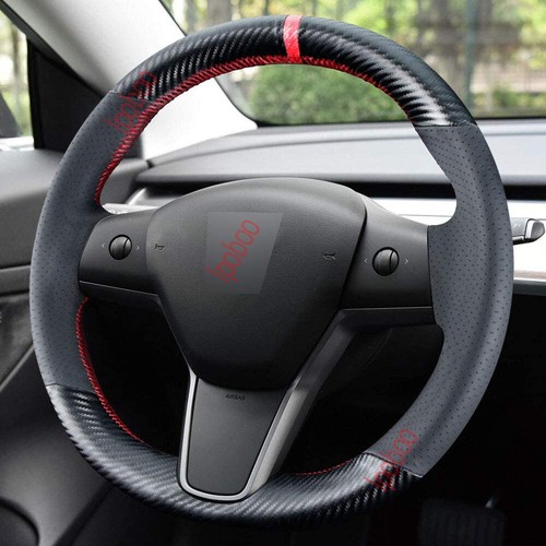 Black Leather Steering Wheel Red Stitch Wrap Cover For Tesla Model3 ...