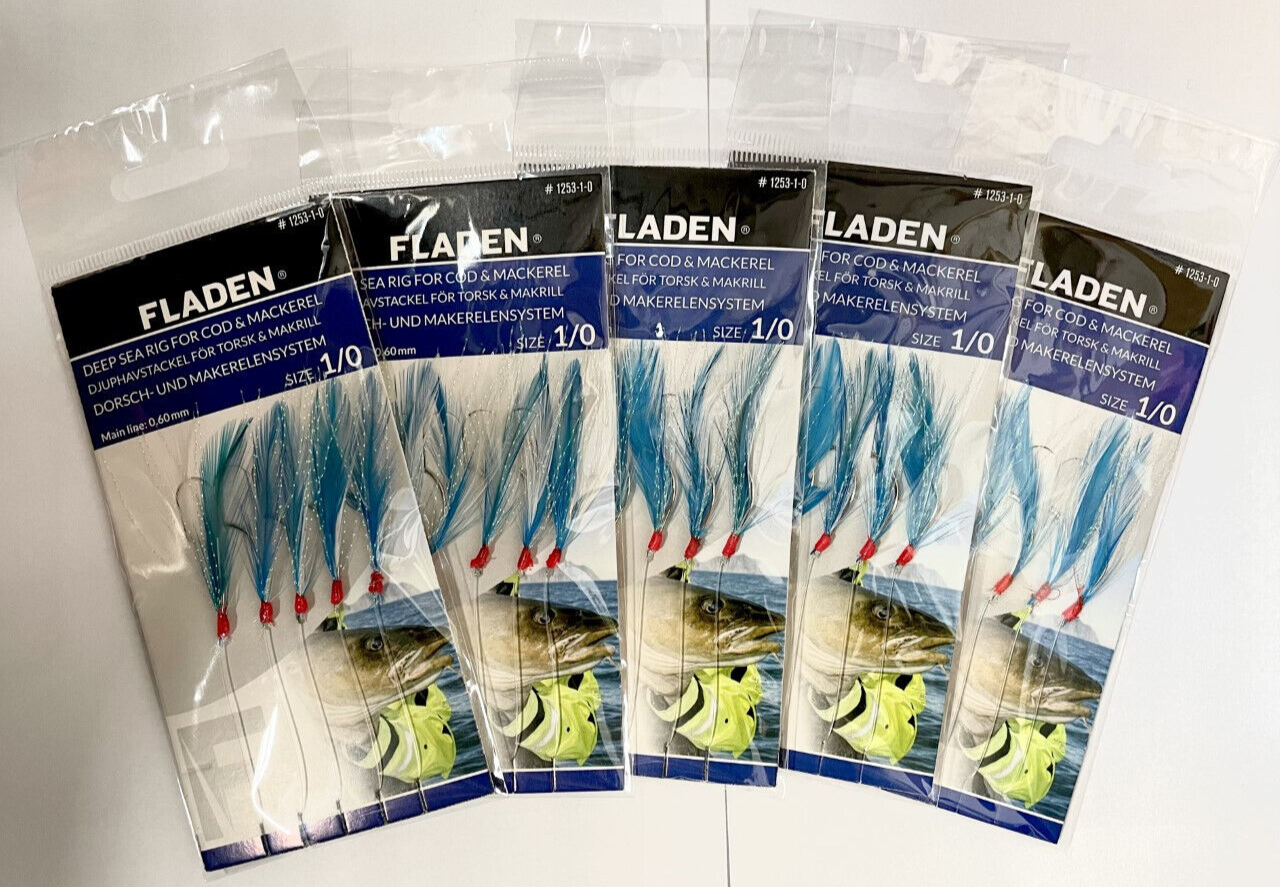 5 x Packs Fladen Mackerel Feathers Sea Fishing 5 Hook Rigs size 1/0 Blue Flash | eBay UK