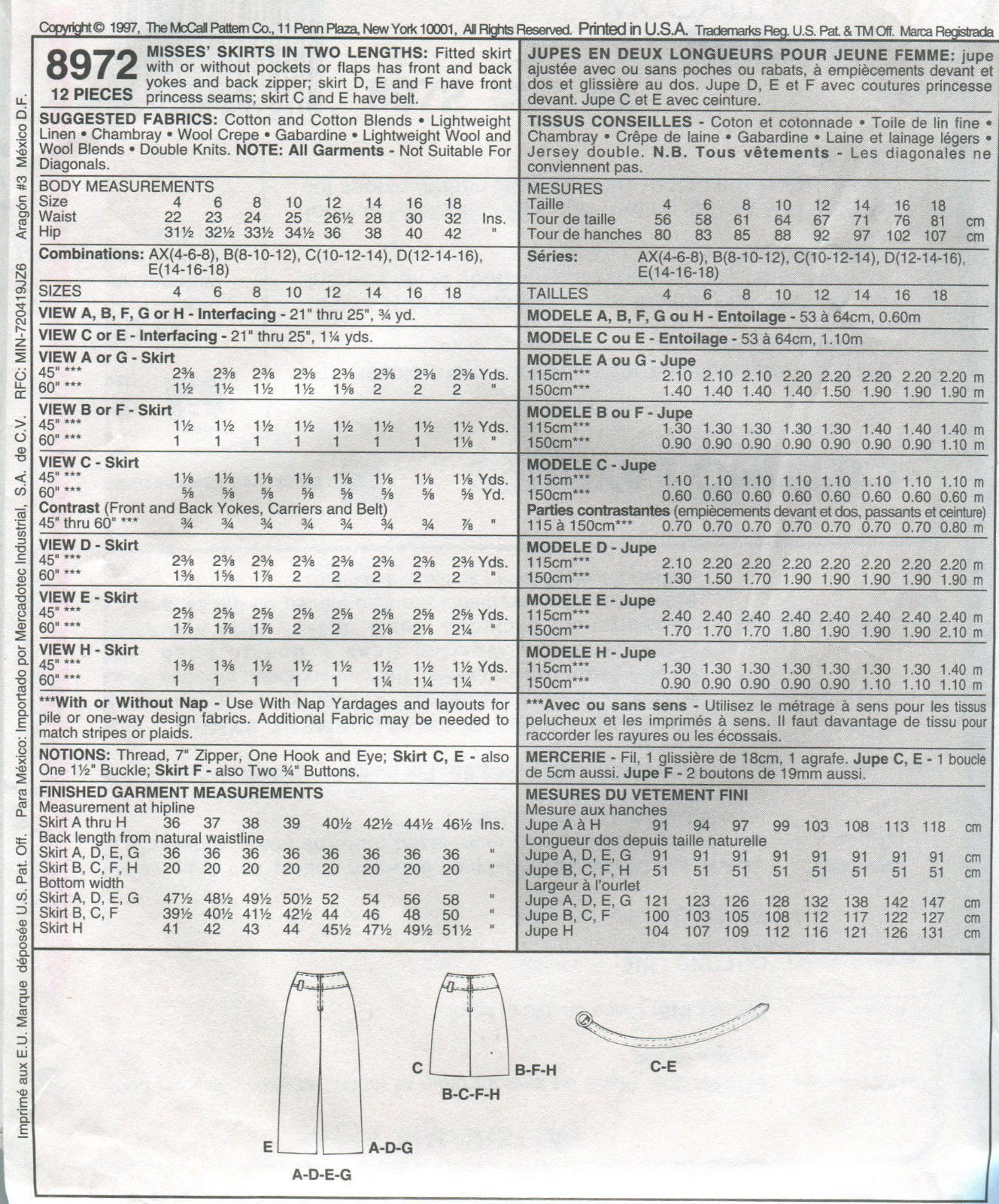 McCalls 8972 Skirts Misses Sewing Pattern Uncut | eBay