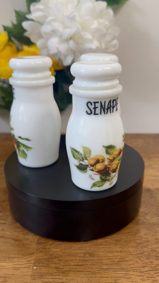 Vintage Italian Milk Glass Spice Jars Cannella Pepe Senape Fruit Opalex ...