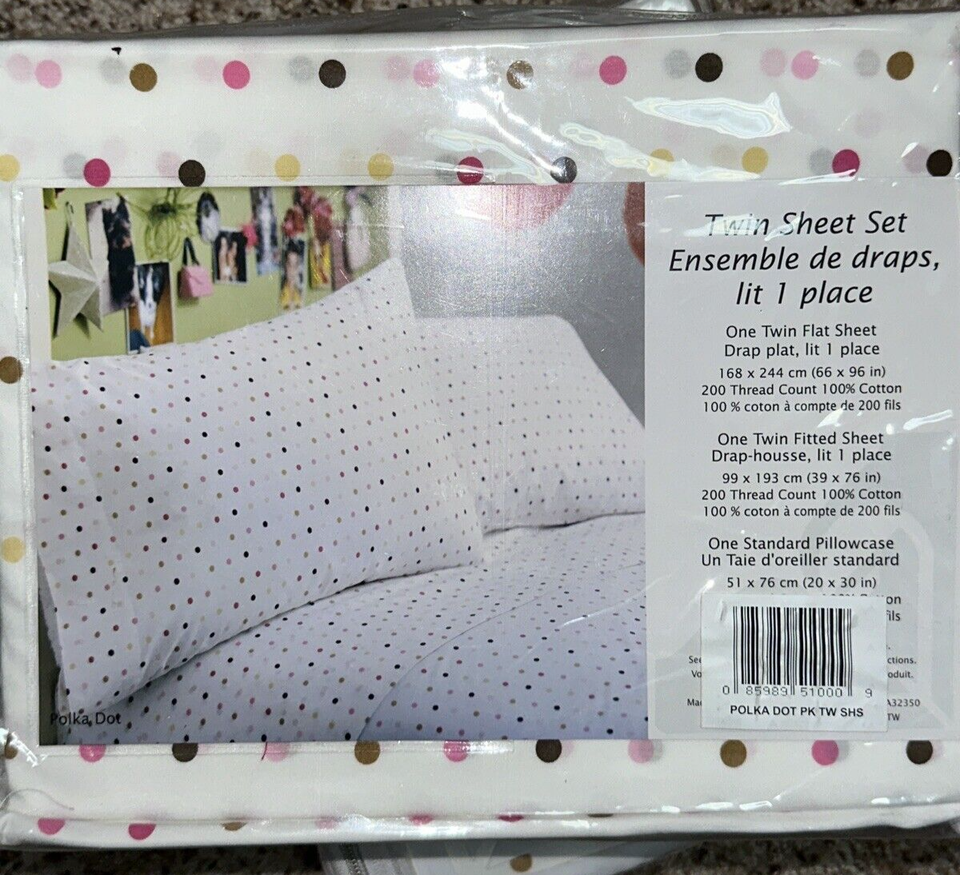 ROXY ROOM TWIN POLKA DOT SHEET SET WHITE PINKS BROWNS NIP 3PC ~ 2 ...