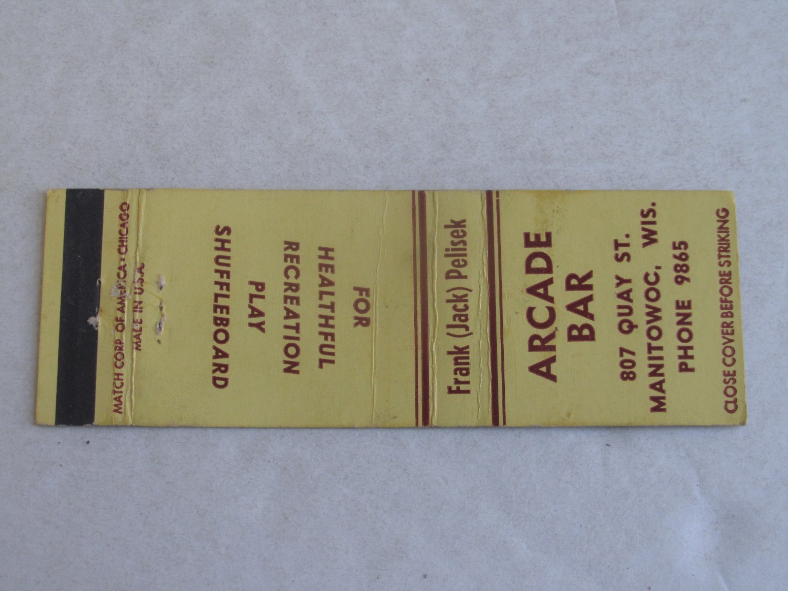 U316 Vintage Matchbook Cover WI Wisconsin Arcade Bar Manitowoc | eBay