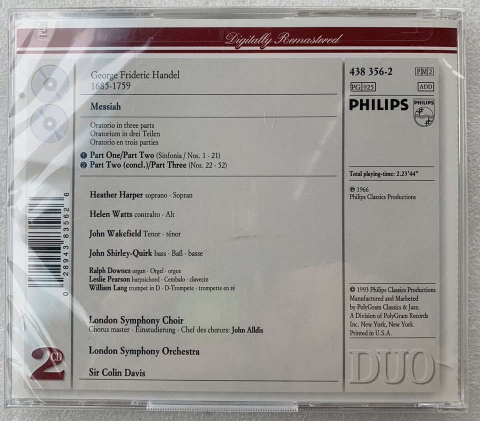 Handel: Messiah 2CD Colin Davis Philips 438 356-2 Duo New Sealed | eBay