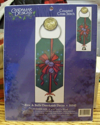 Vtg Candamar Designs Counted Cross Stitch Kit Bow & Bells Doorknob ...