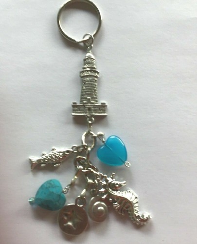 Lighthouse Keyring Aust Pewter Shell Starfish Seahorse Fish Blue Beads ...