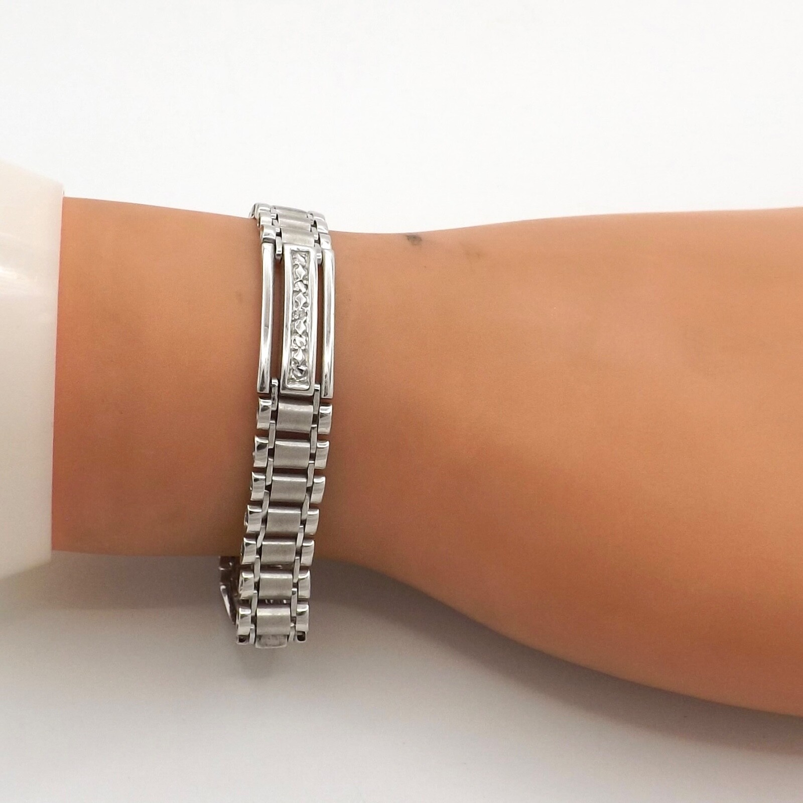 Solid 14k White Gold Diamond Bar Watch Band Link Mens Bracelet RCI 8 ...