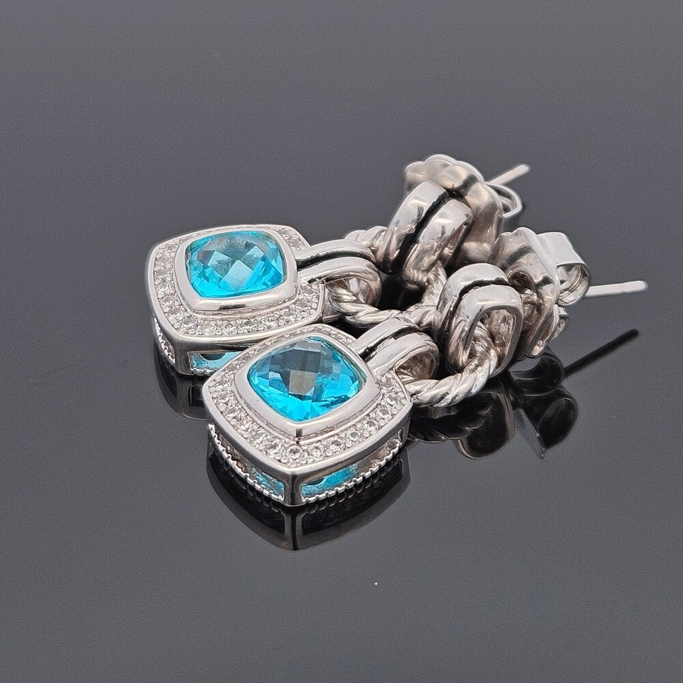 David Yurman 925 Sterling Silver Blue Topaz Clear Stone Dangle Earrings ...