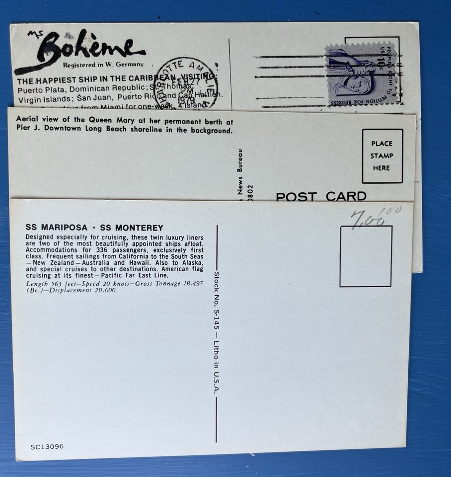 Cruise Ship Postcards (3) ~ ‘Boheme’ ~ ‘Queen Mary’ ~ ‘SS Mariposa’ | eBay