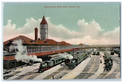 Denver Colorado CO Postcard Union Depot North Side Train Locomotor ...
