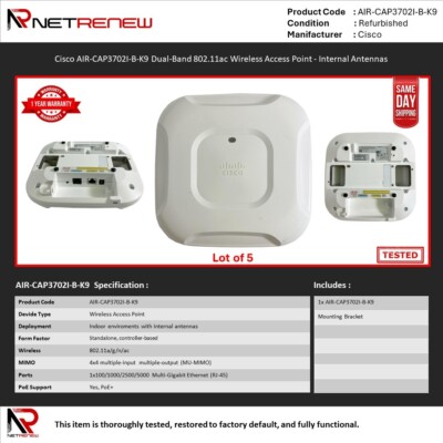 [Lot of 5] Cisco AIR-CAP3702I-B-K9 Dual-Band 802.11ac Wireless Access ...