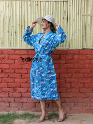 Turquoise Leaf Cotton Indian Kimono Dress Night Suit Women Clothing ...