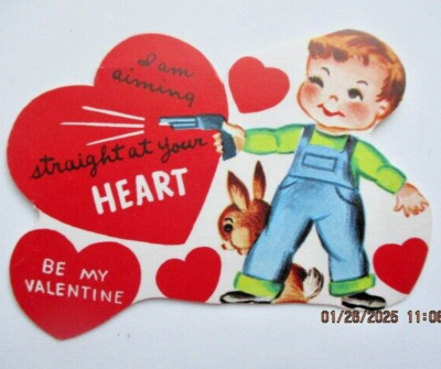 Vintage Valentine Card GUN, BOY SHOOTING PISTOL, "Aiming straight at ...