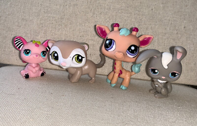 Littlest Pet Shop Lot 4 Authentic LPS Weasel Pink Mouse Giraffe Gray ...