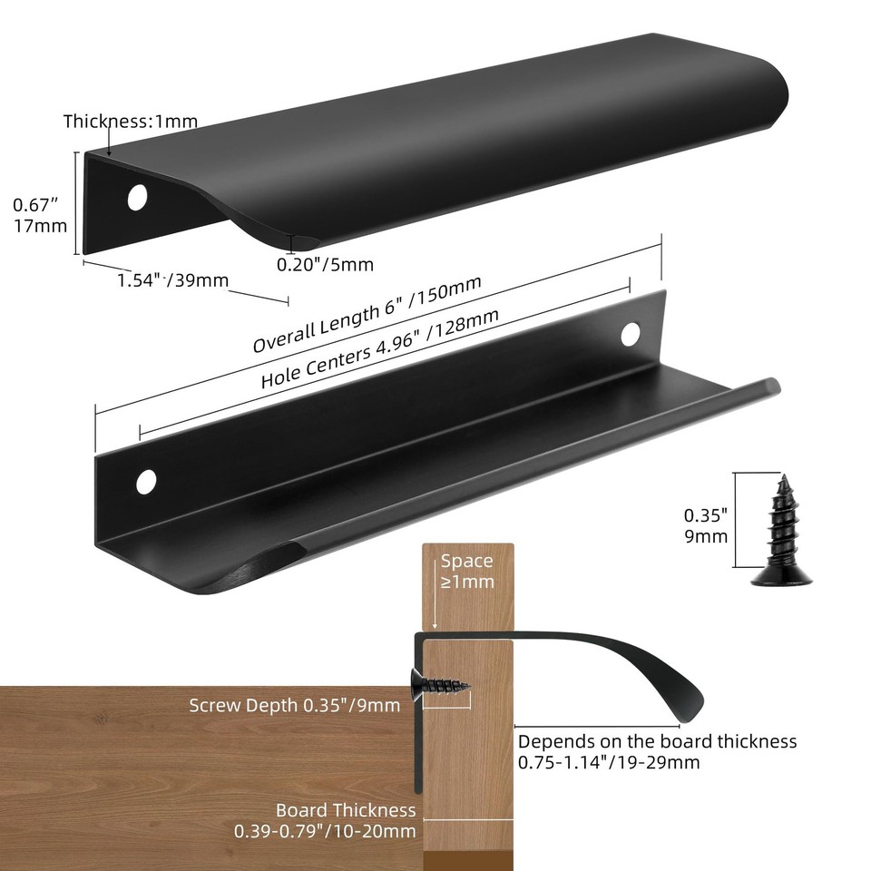 10 Pack Black Finger Pulls 6 Inch Edge Cabinet Handles Modern Aluminum ...