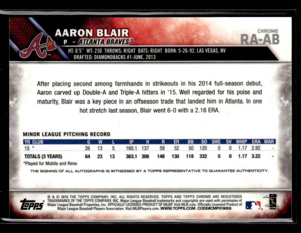 2016 Topps Chrome Rookie Autographs #RAAB Aaron Blair | eBay