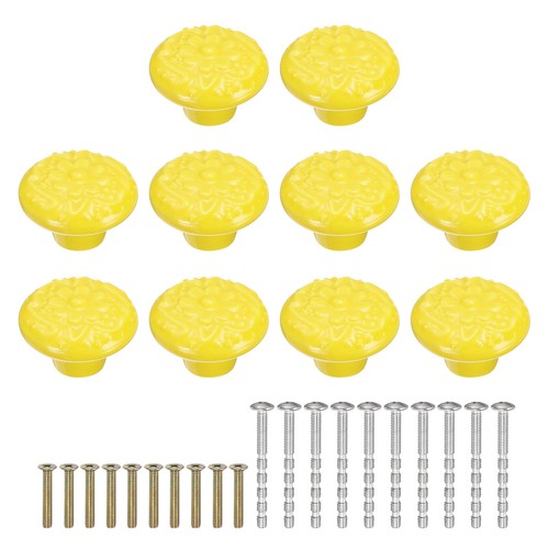 10Pcs 34mm Flower Pattern Ceramic Knobs with Screws, Golden Yellow ...