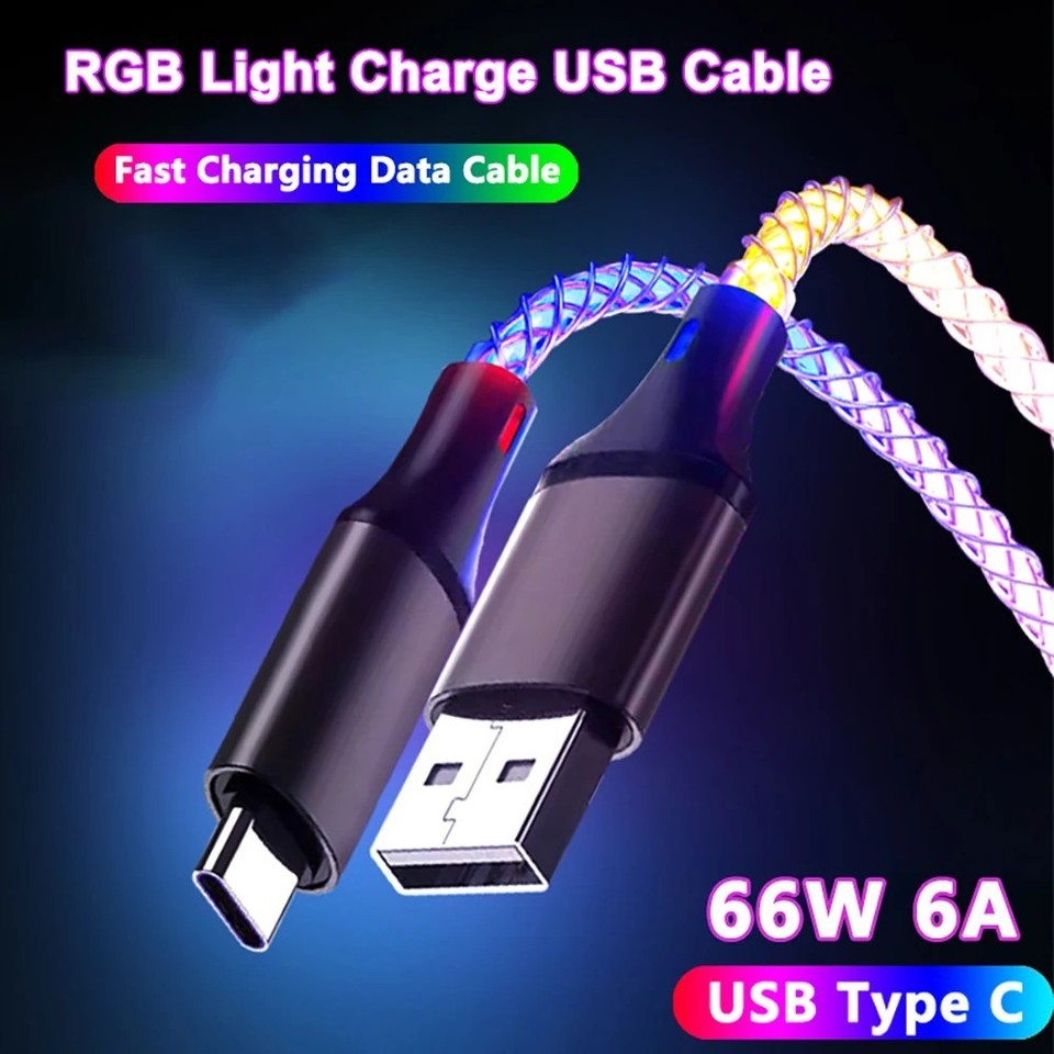USB-C LED Light Up Cable Fast Charging Cord Type-C Charger Cord Samsung ...