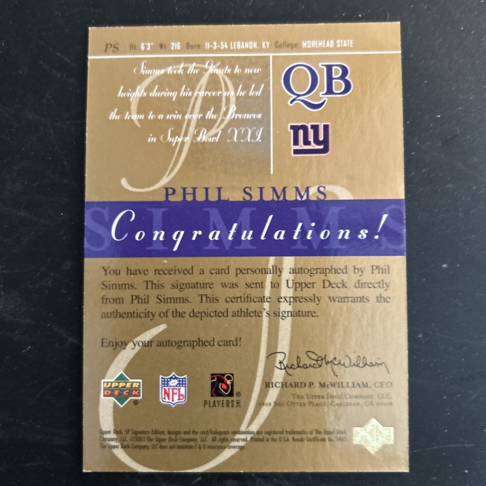 2003 SP Signature Edition - Signature Phil Simms #PS Green Ink -#4/50 ...