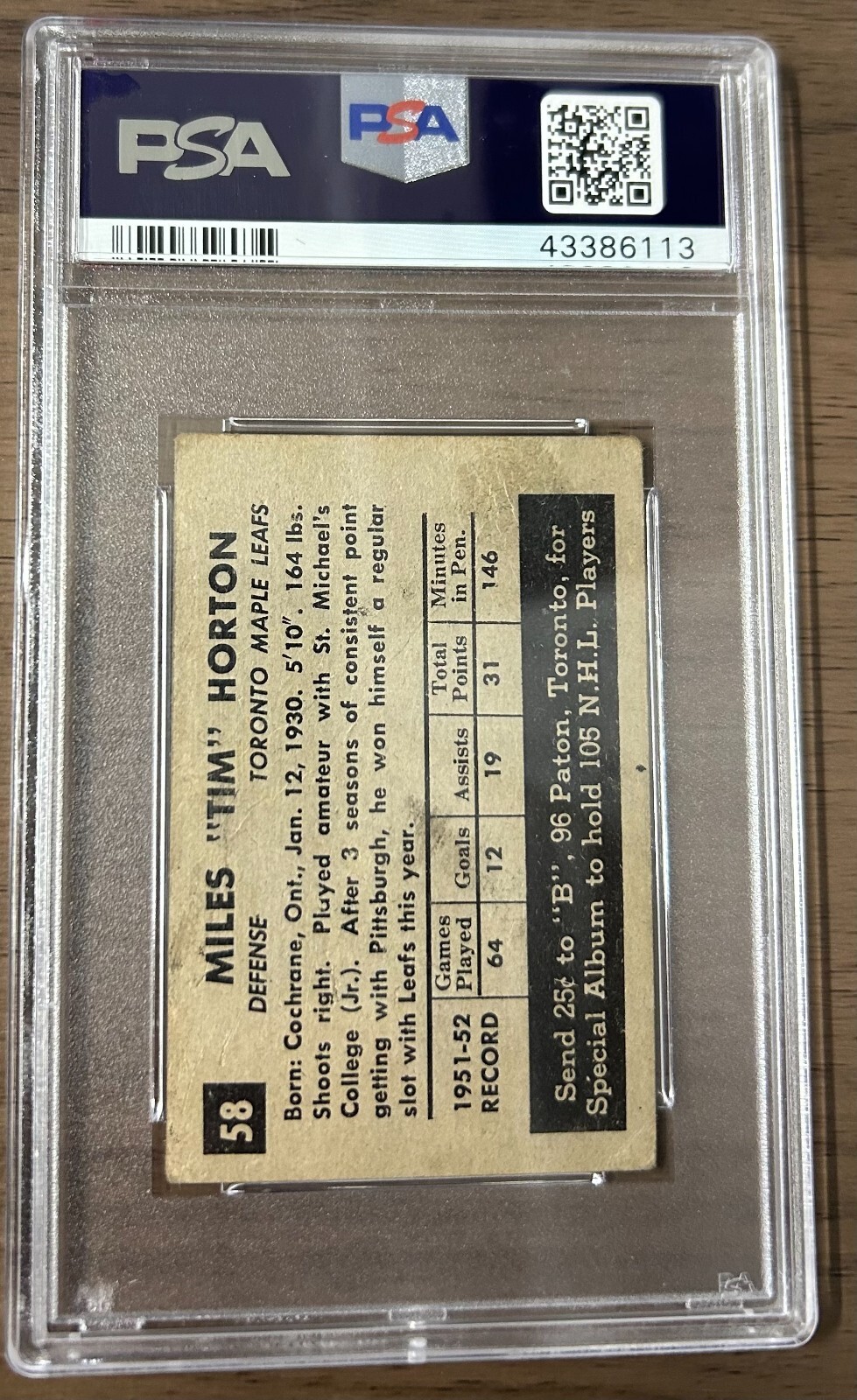 1952 1952/53 PARKHURST #58 TIM HORTON ROOKIE PSA 2 GOOD TORONTO MAPLE ...