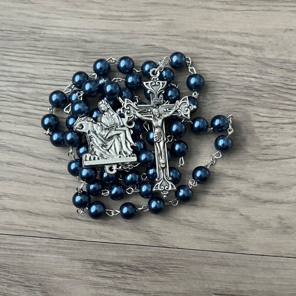 Sapphire Blue Pieta Centerpiece Rosary Italy by Creed Glass Bead Silver ...
