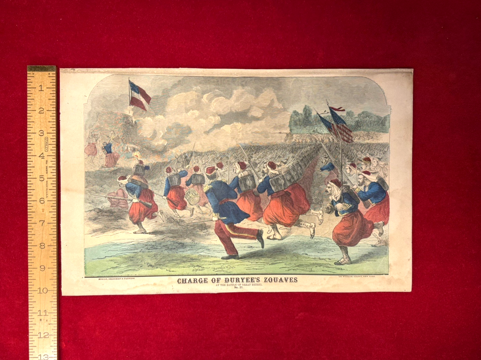 EXQUISITE CIVIL WAR ERA COLORIZED LITHOGRAPH / "CHARGE OF DURYEE'S ...
