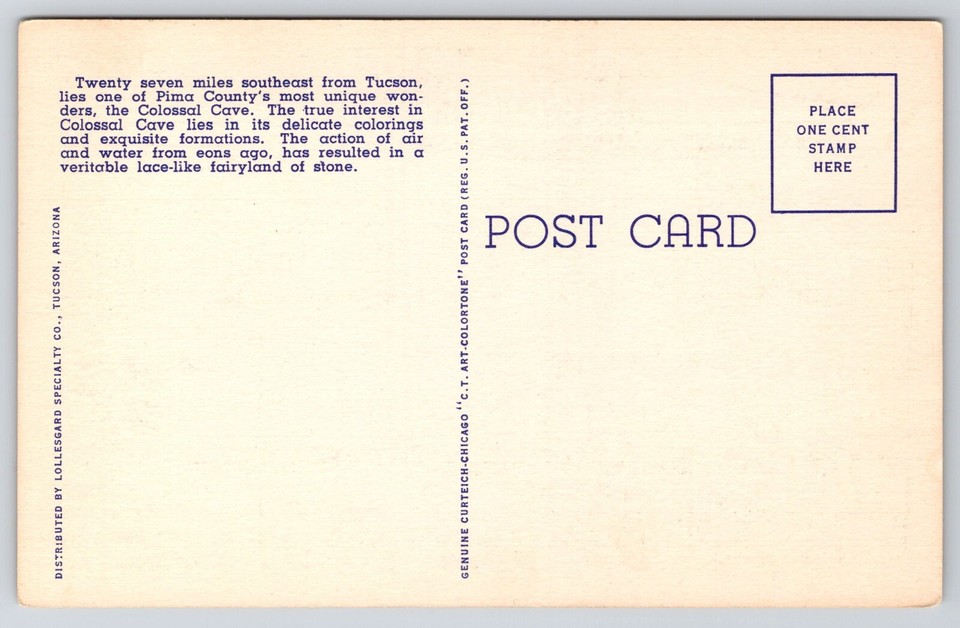 Colossal Cave Tucson AZ Postcard Pima County Interior Lace Like Stone ...