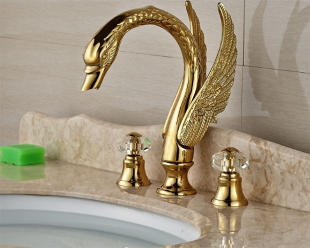 Gold 3 pcs Bathroom Basin Sink Mixer Swan-shaped Tap 2 Diamond Handle ...