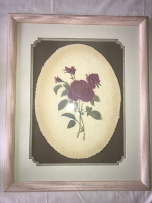 Framed PRESSED PAPER ART Burgundy/Maroon 3D RED ROSES Shadow Box MATTED ...