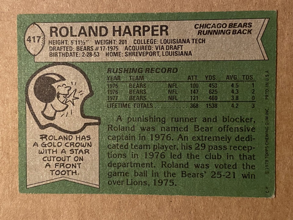 ROLAND HARPER Signed 1978 Topps #417 Chicago Bears La Tech Autograph ...
