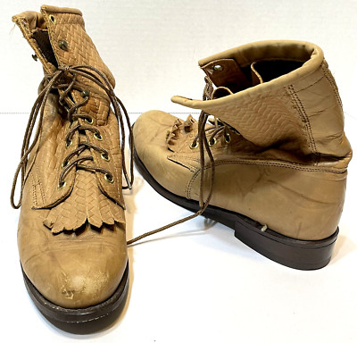 Vintage Womens Western Boots Tan Lace Up Leather Ropers Fringe Size 6.5 ...