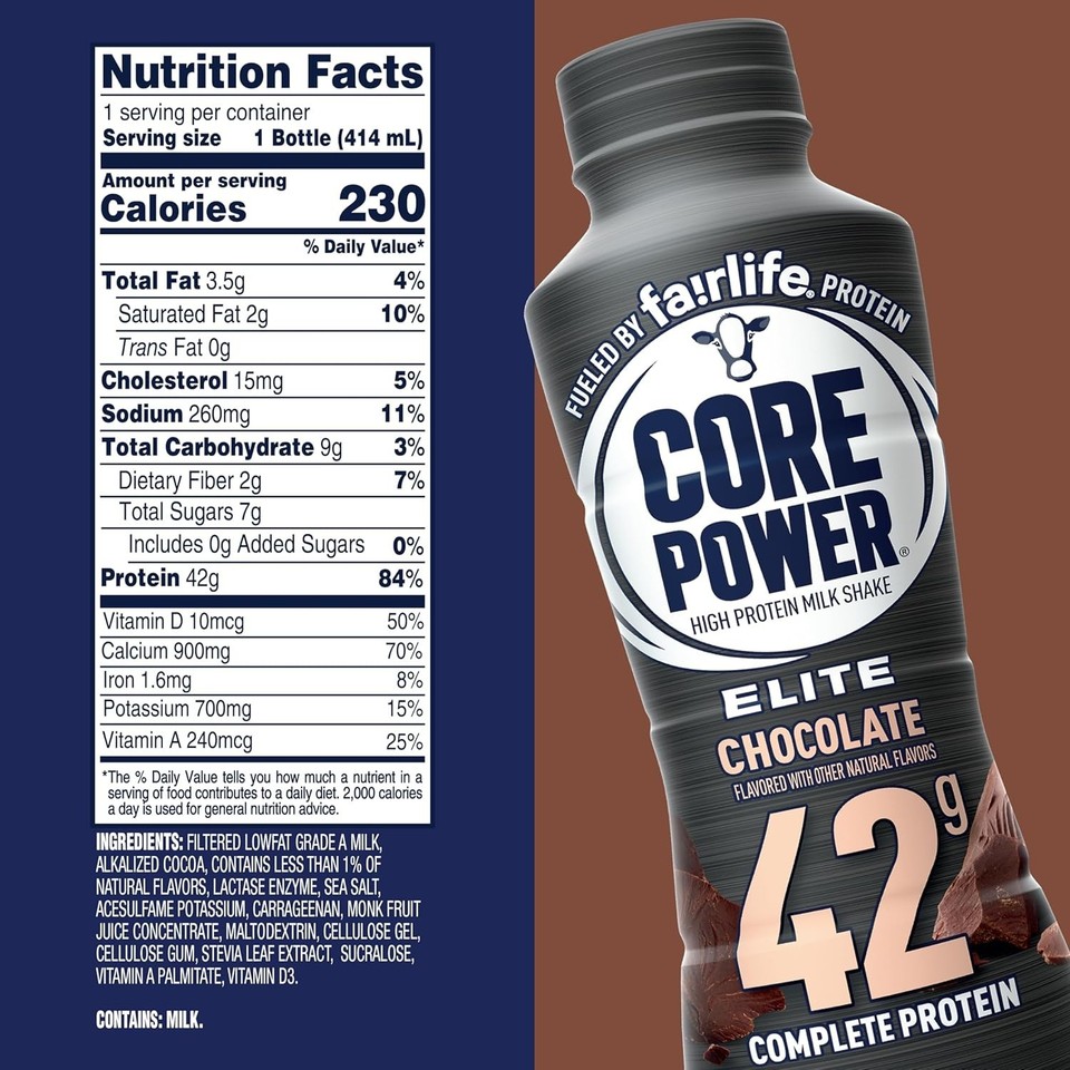 Core Power Elite High Protein Shake, Chocolate, 42g Bottle, ( 14oz, 12 ...