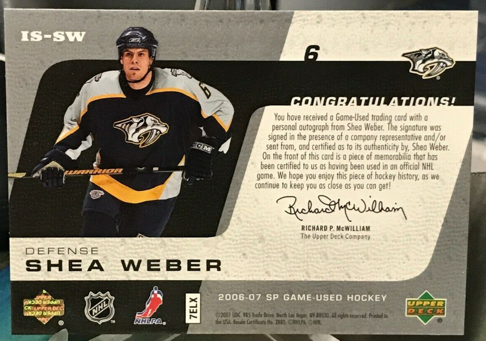 SHEA WEBER RC AUTO #30/100 JERSEY UD SP GAME USED ROOKIE 2006 INKED ...