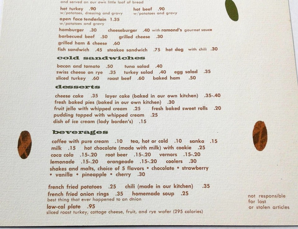 1961 Original Vintage Lunch Menu Card RAMONDS RESTAURANT Saginaw ...