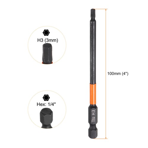 H3 Hex Head Drill Bit Wrench 3mm Flat Tip 1/4" Shank 100mm Long ...