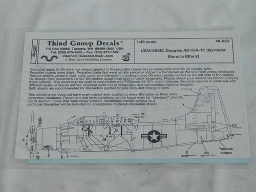1/48 Third Group Decal Sheet 48020 USN/USMC Douglas AD-5/A-1E SKYRAIDER ...