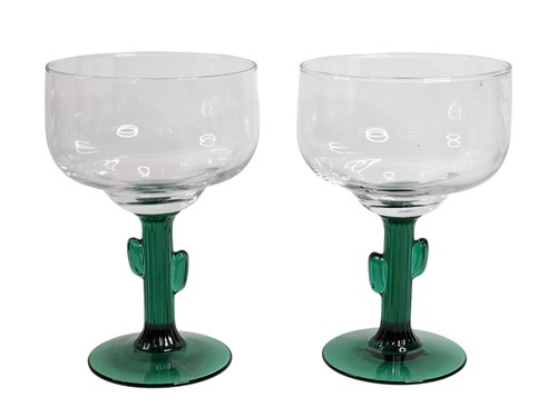 Libbey Cactus Margarita Sangria Glasses 2 Clear & Green Glass Stem ...