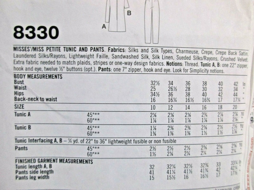 Simplicity Pattern 8330 Sizes 10 - 20 Misses Petite Tunic Pants Uncut ...
