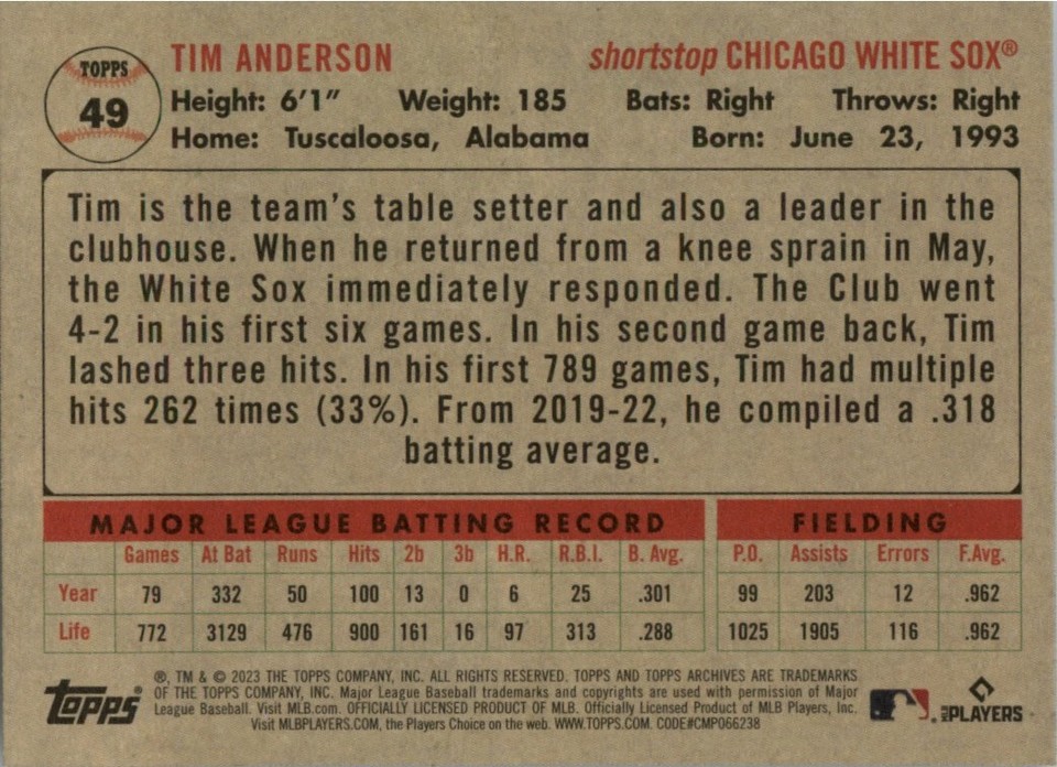 Tim Anderson 2023 Topps Archives Chicago White Sox #49 MLB Baseball ...