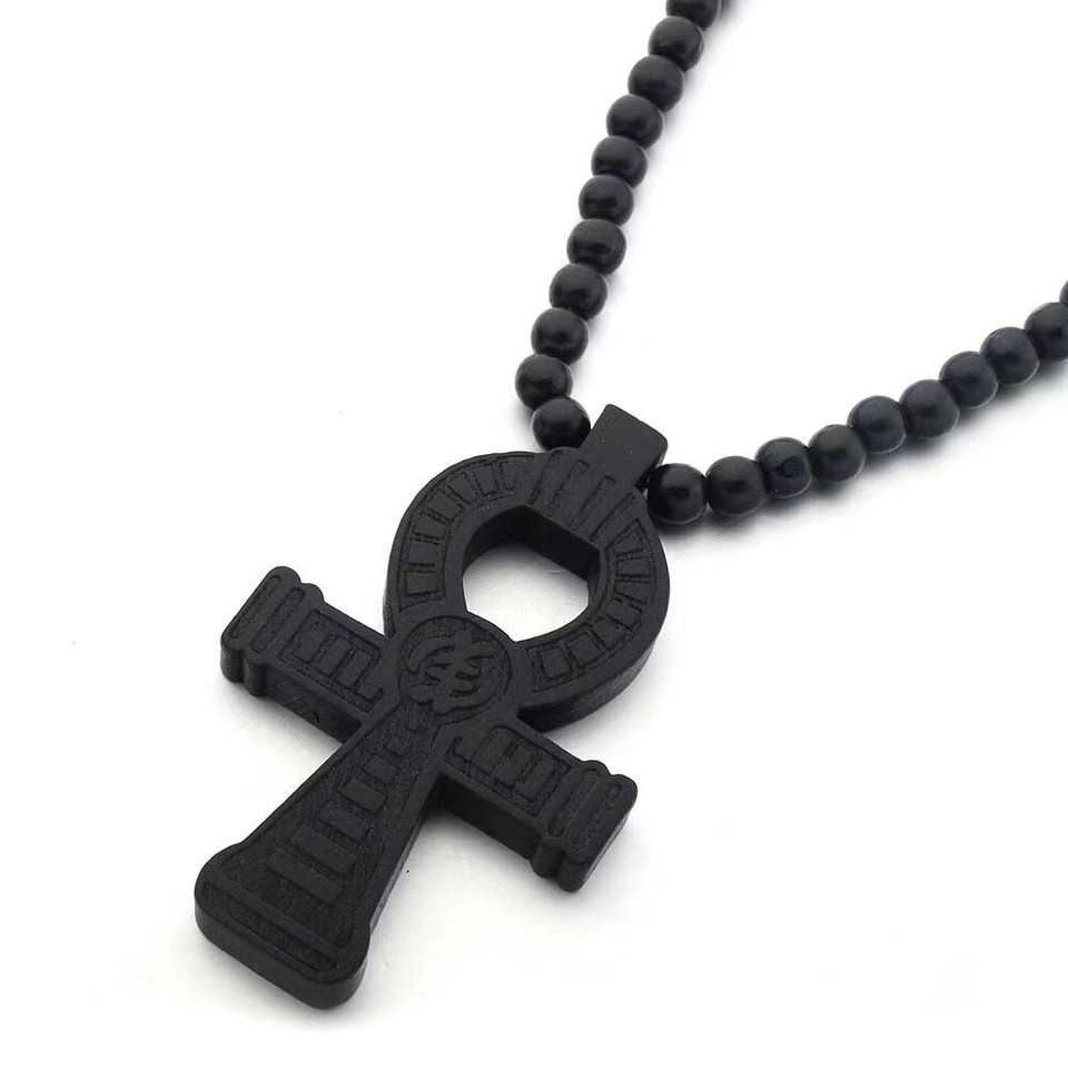 Mens Egyptian Ankh Cross Wood Pedant Hip Hop Rock Necklace Wooden Ball ...