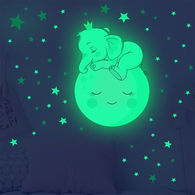 Glow-in-the-dark Smiley Moon Elephant Children's Room Decoration Wall ...