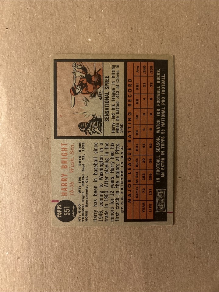 1962 Topps Baseball Harry Bright Washington Senators Card #551 | eBay