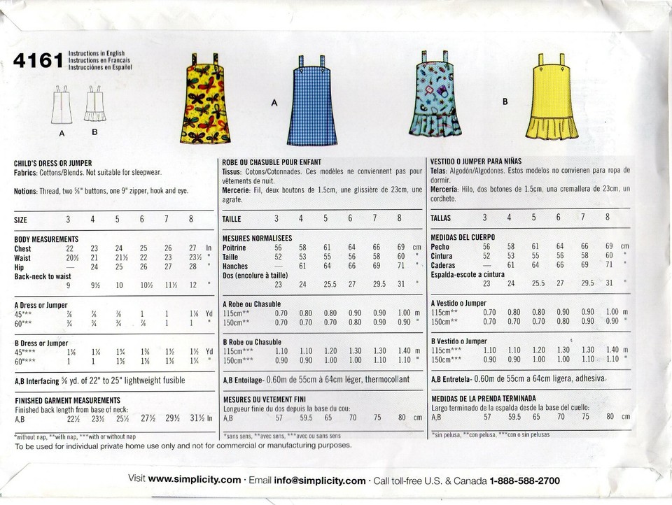 2006 Sewing Pattern Child's Dress Or Jumper Size 3-8 Simplicity 4161 ...