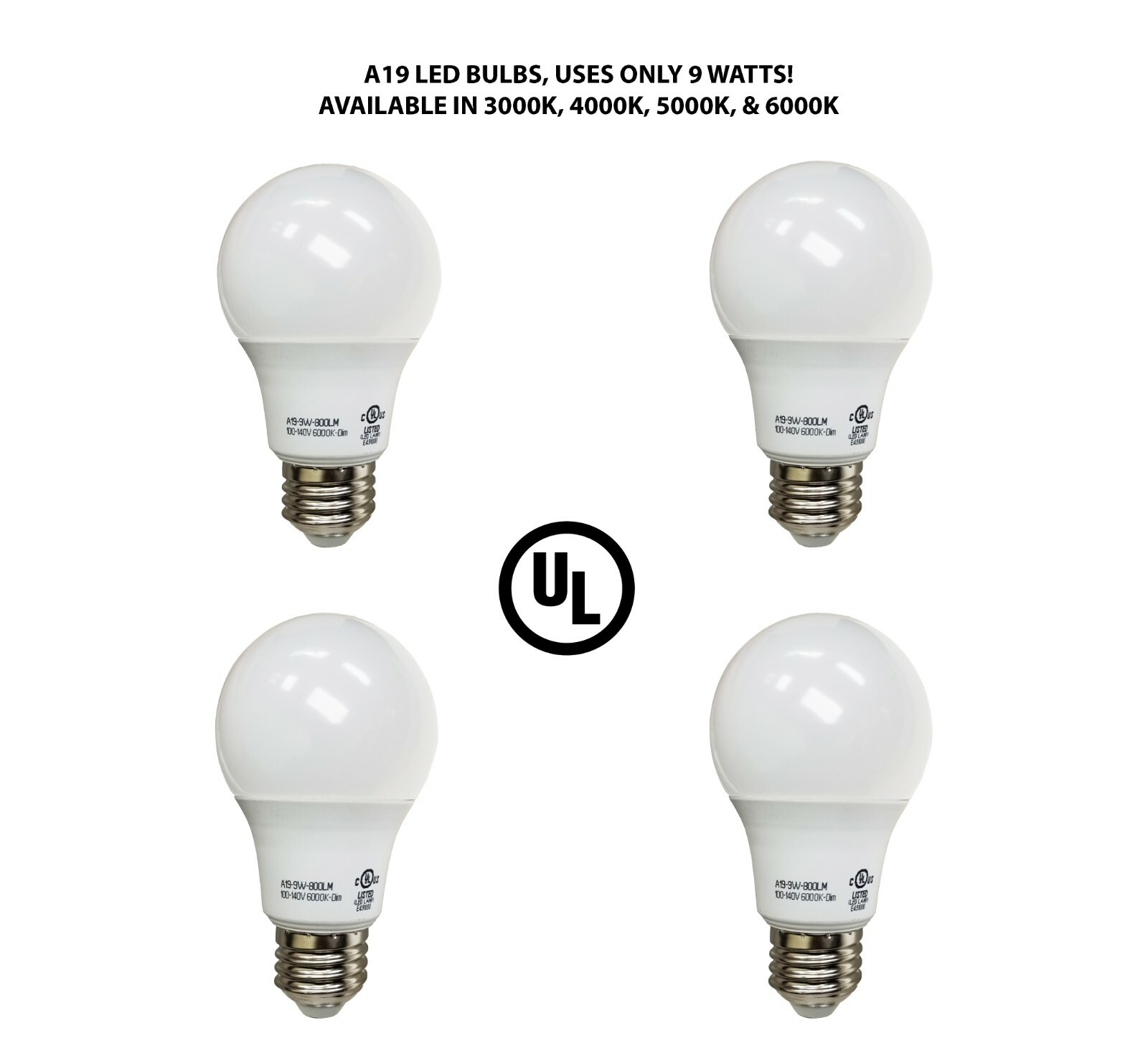 9 WATT A19 LED BULB, 3K to 6K, 60W EQUIVALENT, COOL WHITE BULBS, 4-PACK ...