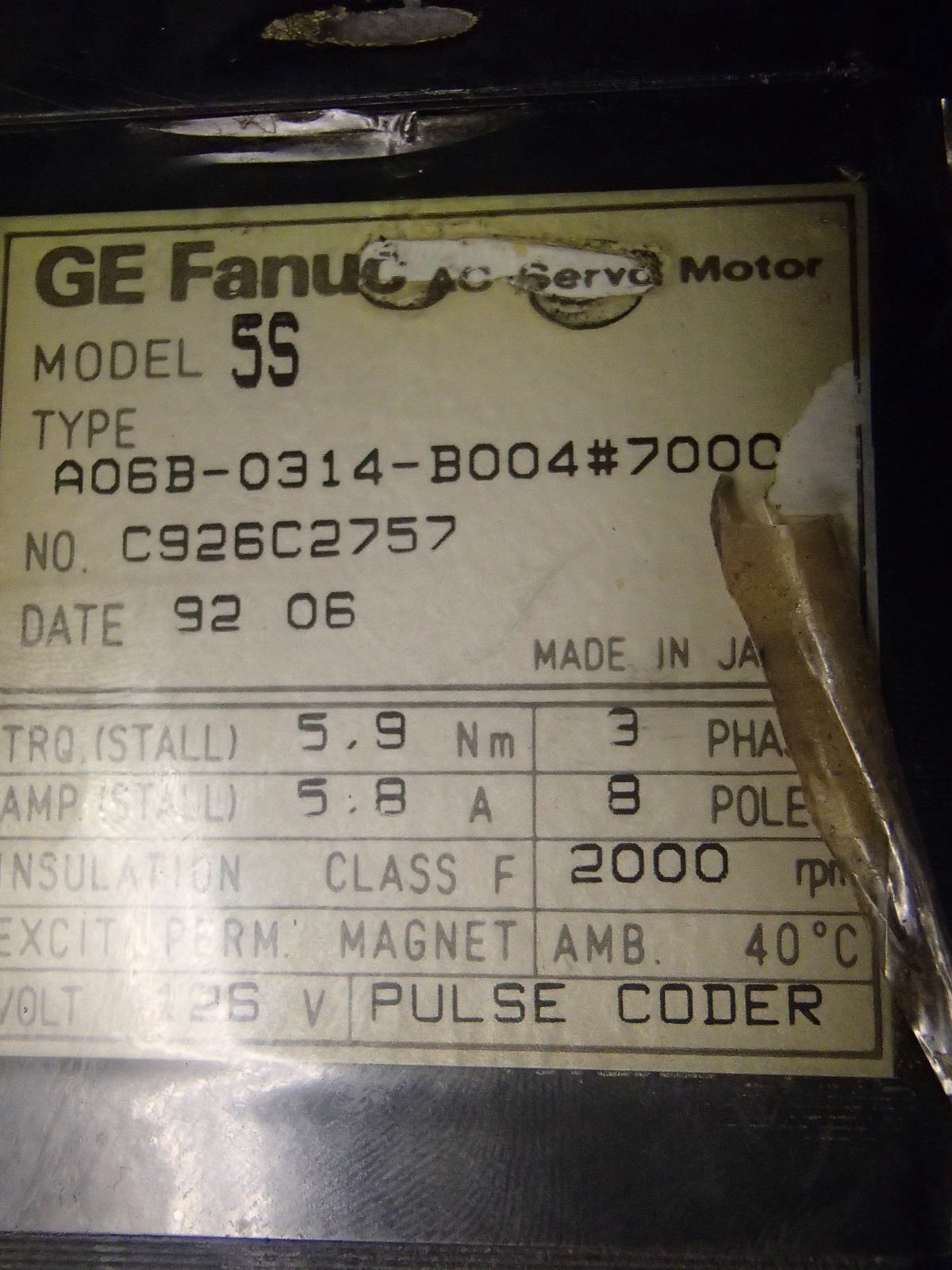 Fanuc GE 5S Servo Motor A06B-0314-B004#7000 A860-0315-T101 Acroloc AF ...
