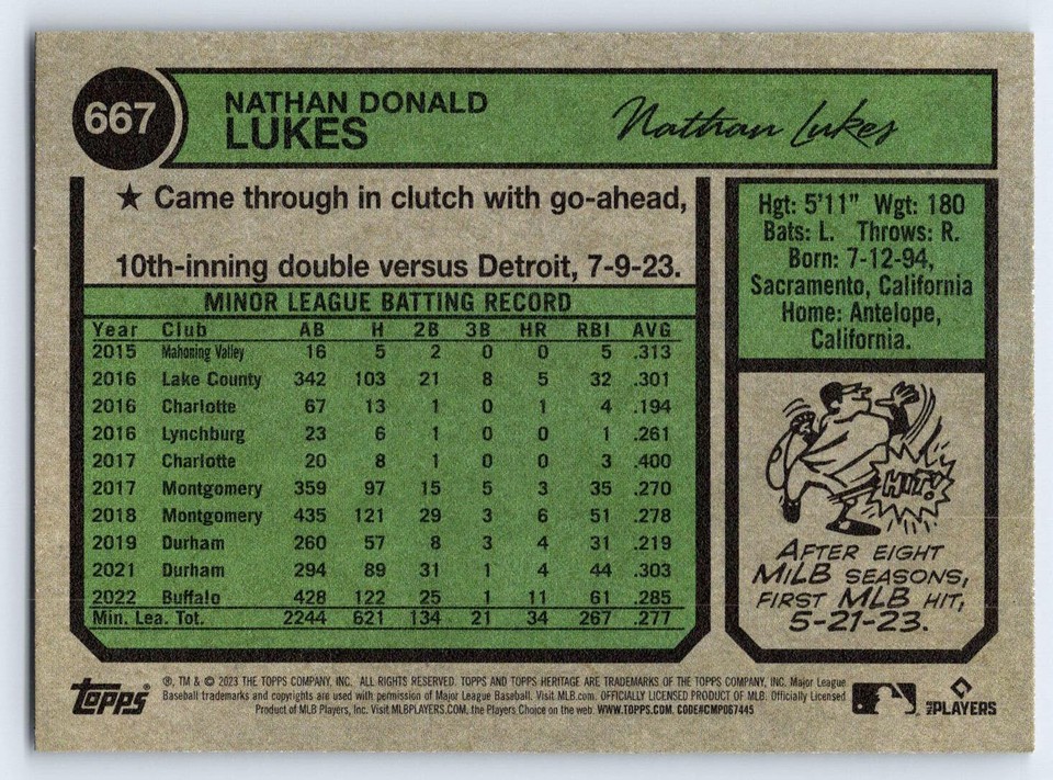 2023 Topps Heritage High Number #667 Nathan Lukes RC Toronto Blue Jays ...