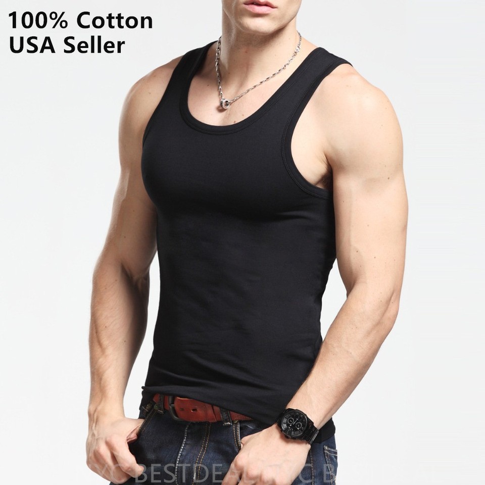 3 Packs Mens 100% Cotton Tank Top A-Shirt Wife Beater Undershirt Ribbed ...