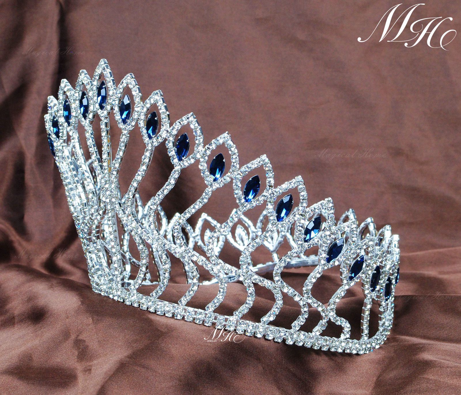 Large Contoured Pageant Tiara Blue Rhinestone Crown Wedding Prom Party ...
