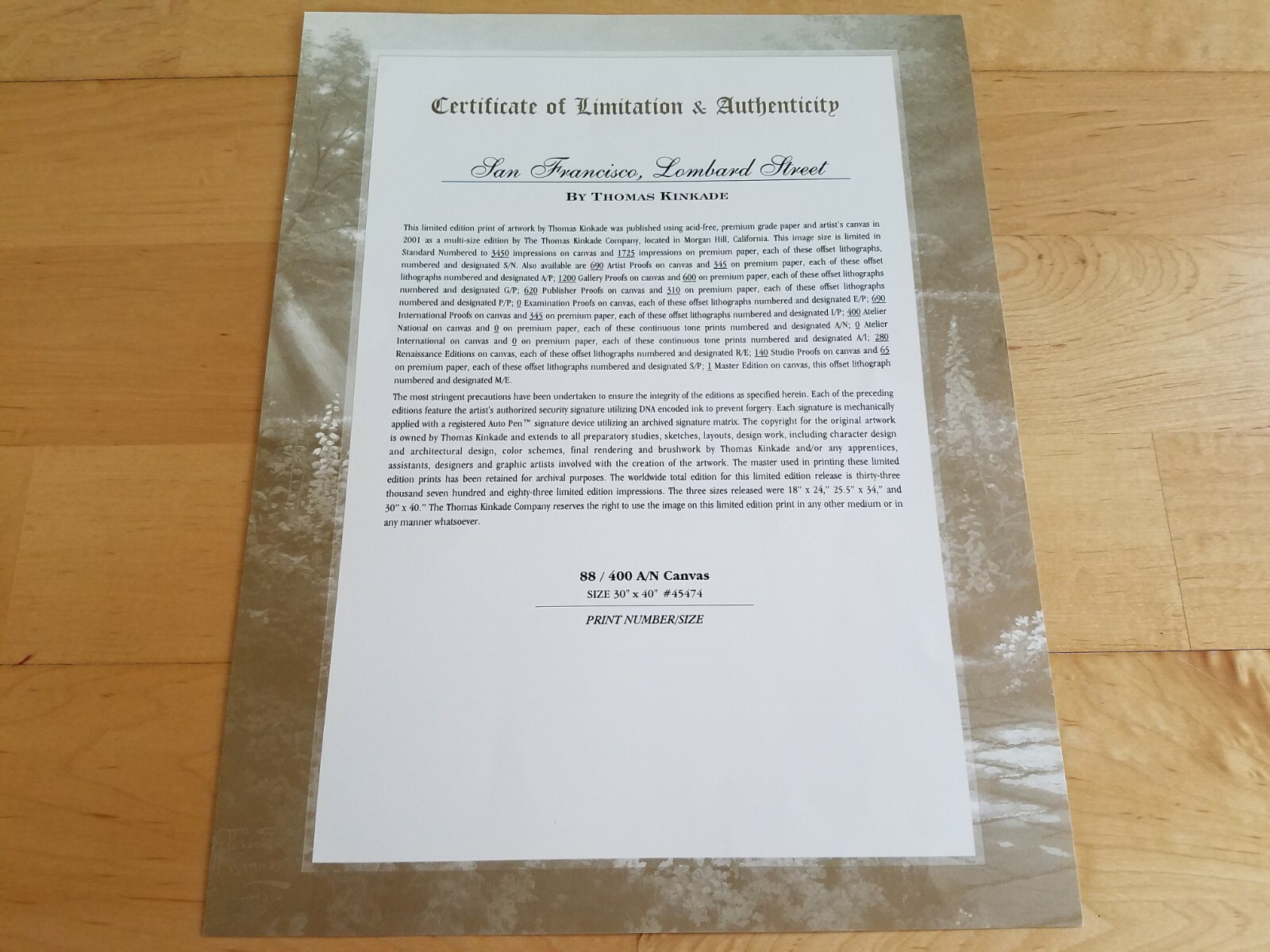 Thomas Kinkade San Francisco Lombard Street 30 x 40 A/N Canvas w ...